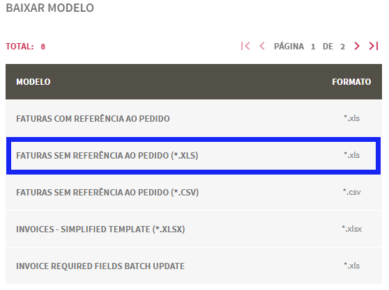 Descarga da planilha modelo para criação de fatura por arquivo Excel
