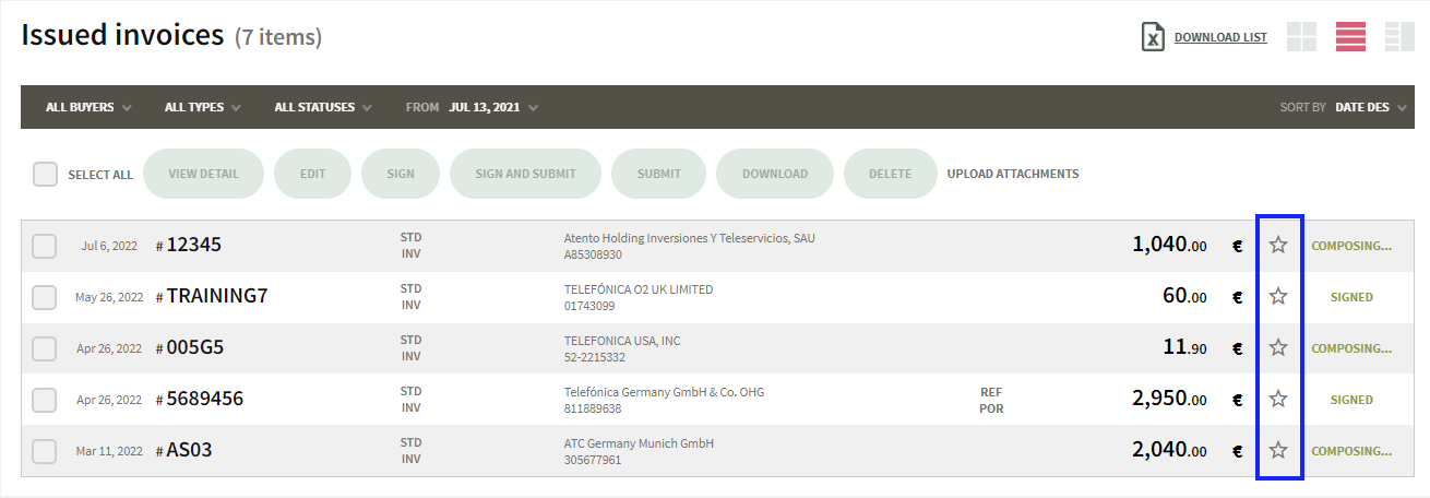 How can I mark an invoice as a favorite for easy access?